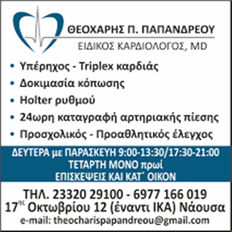ΚΑΡΔΙΟΛΟΓΟΣ ΝΑΟΥΣΑ | ΠΑΠΑΝΔΡΕΟΥ ΘΕΟΧΑΡΗΣ - Doctors4U.gr